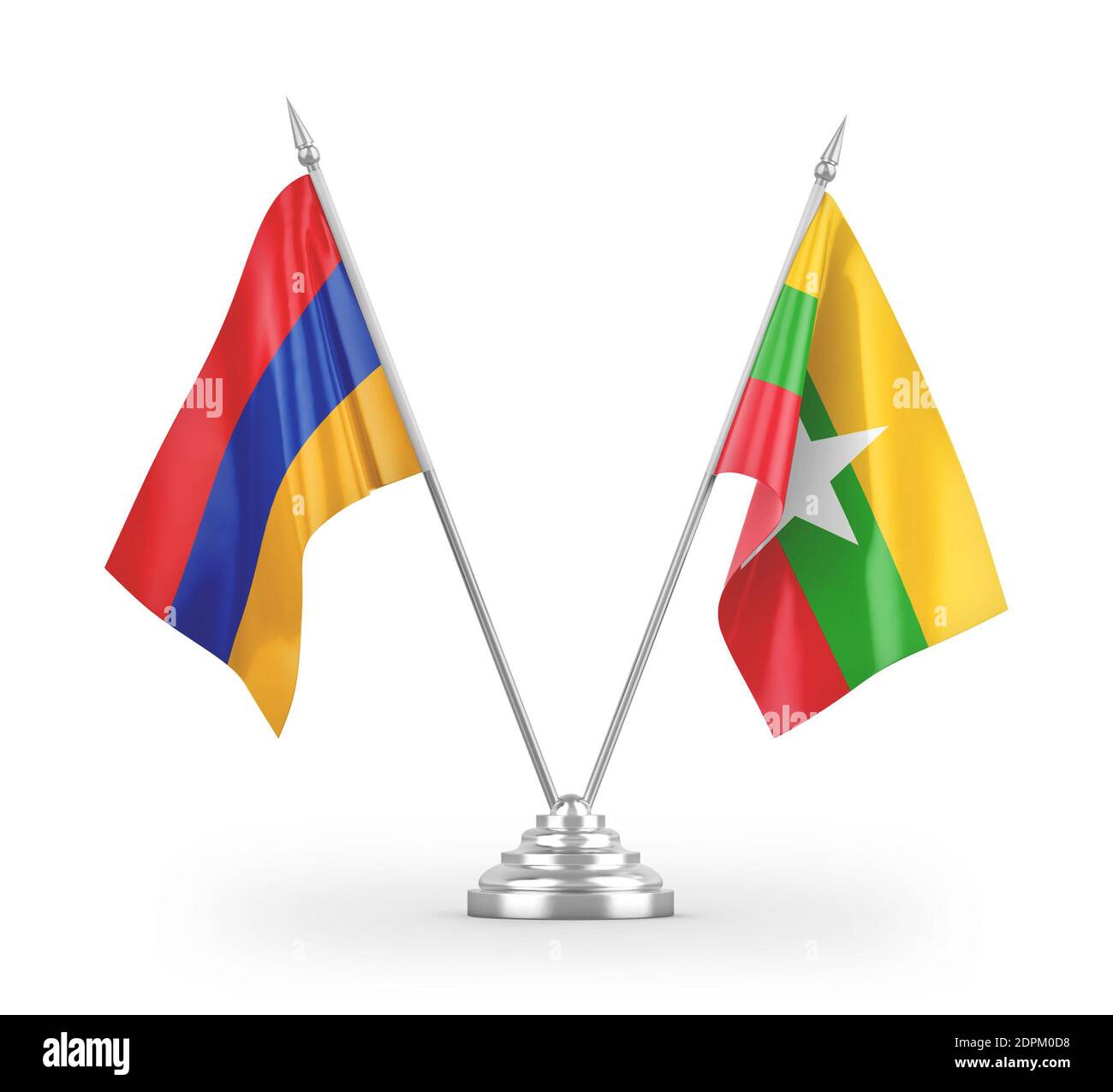 Myanmar and Armenia table flags isolated on white 3D rendering Stock ...