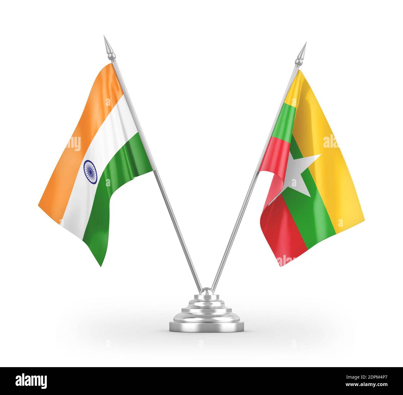 Myanmar and India table flags isolated on white 3D rendering Stock ...