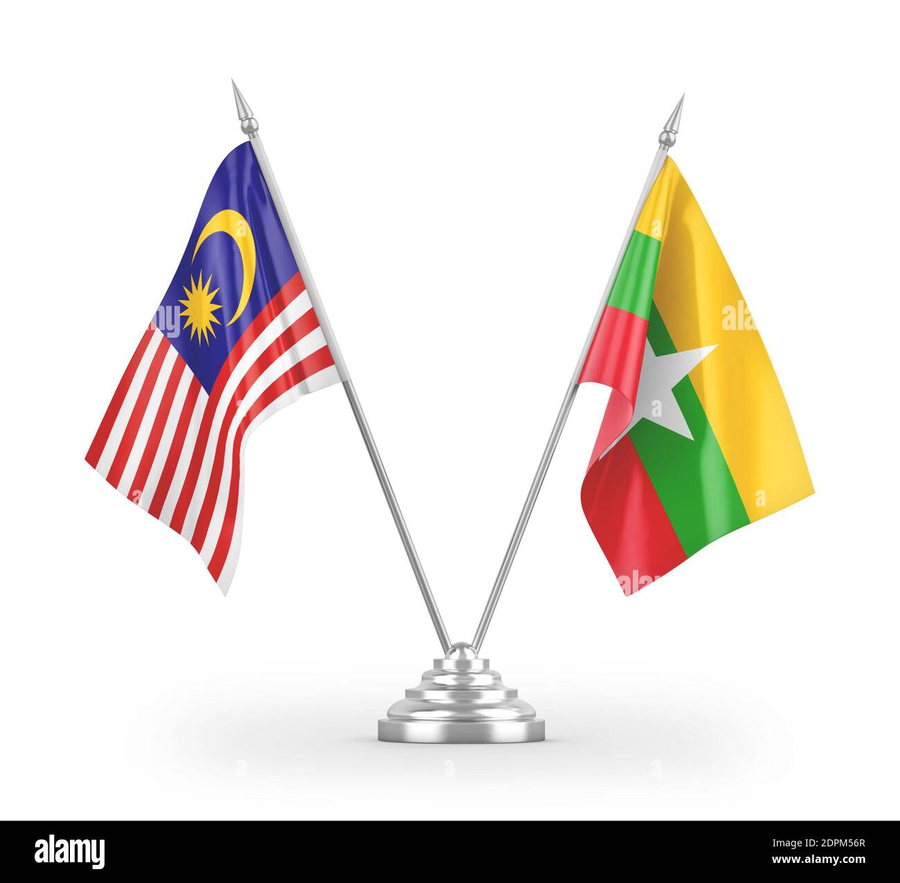 Myanmar and Malaysia table flags isolated on white 3D rendering Stock ...
