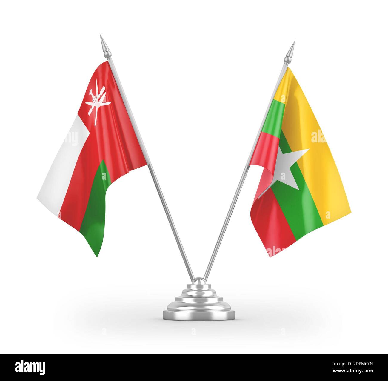 Myanmar and Oman table flags isolated on white 3D rendering Stock Photo ...