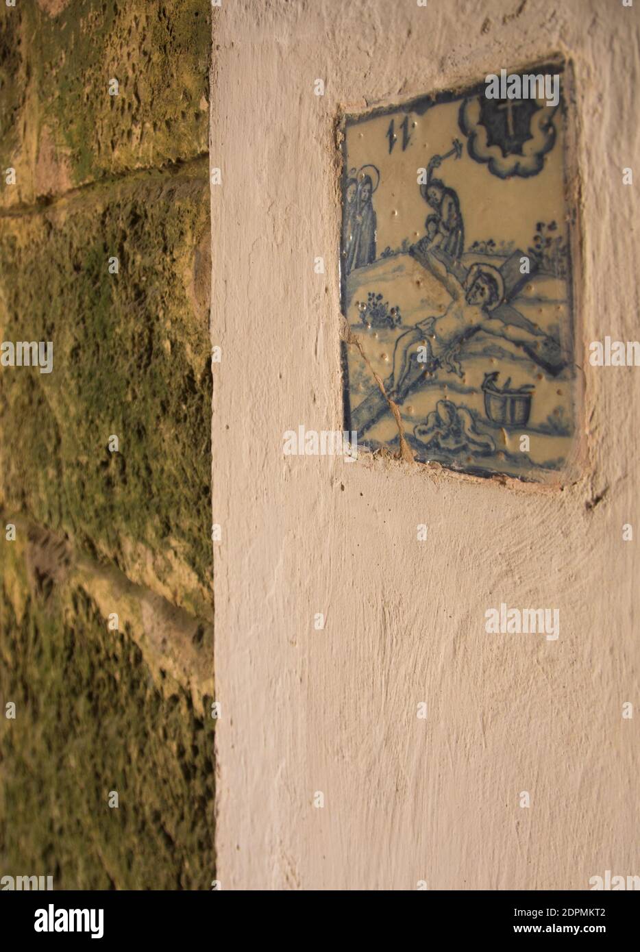 Painted colonial tile with a crucifixion scene in San Pedro Claver ...