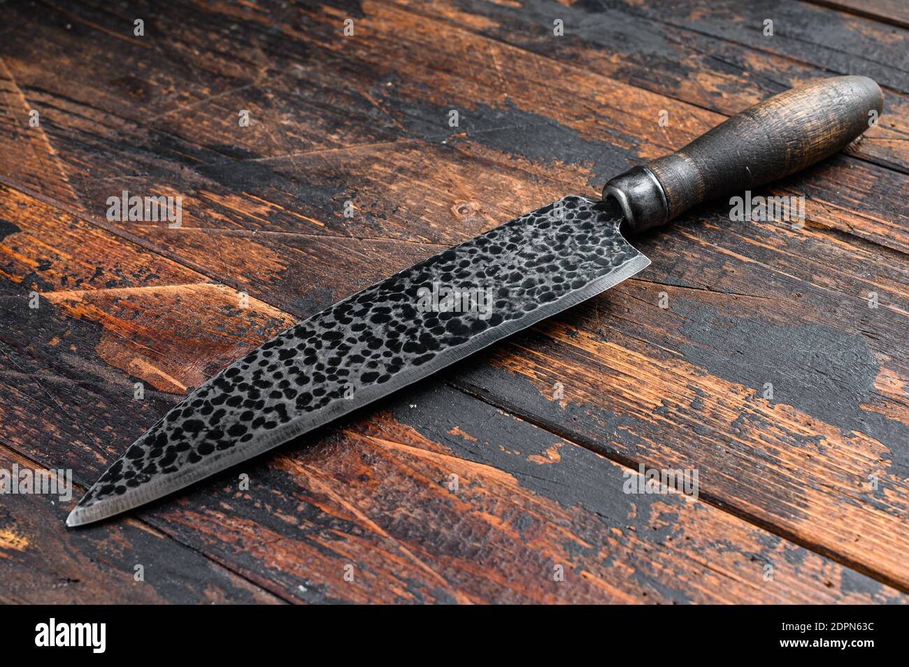 Vintage butcher meat knife. Dark wooden background. Top view Stock ...