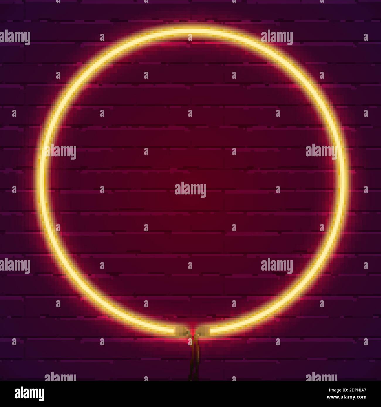 Neon lamp in the shape of circle. Brick wall lit by neon lamp. Vector ...
