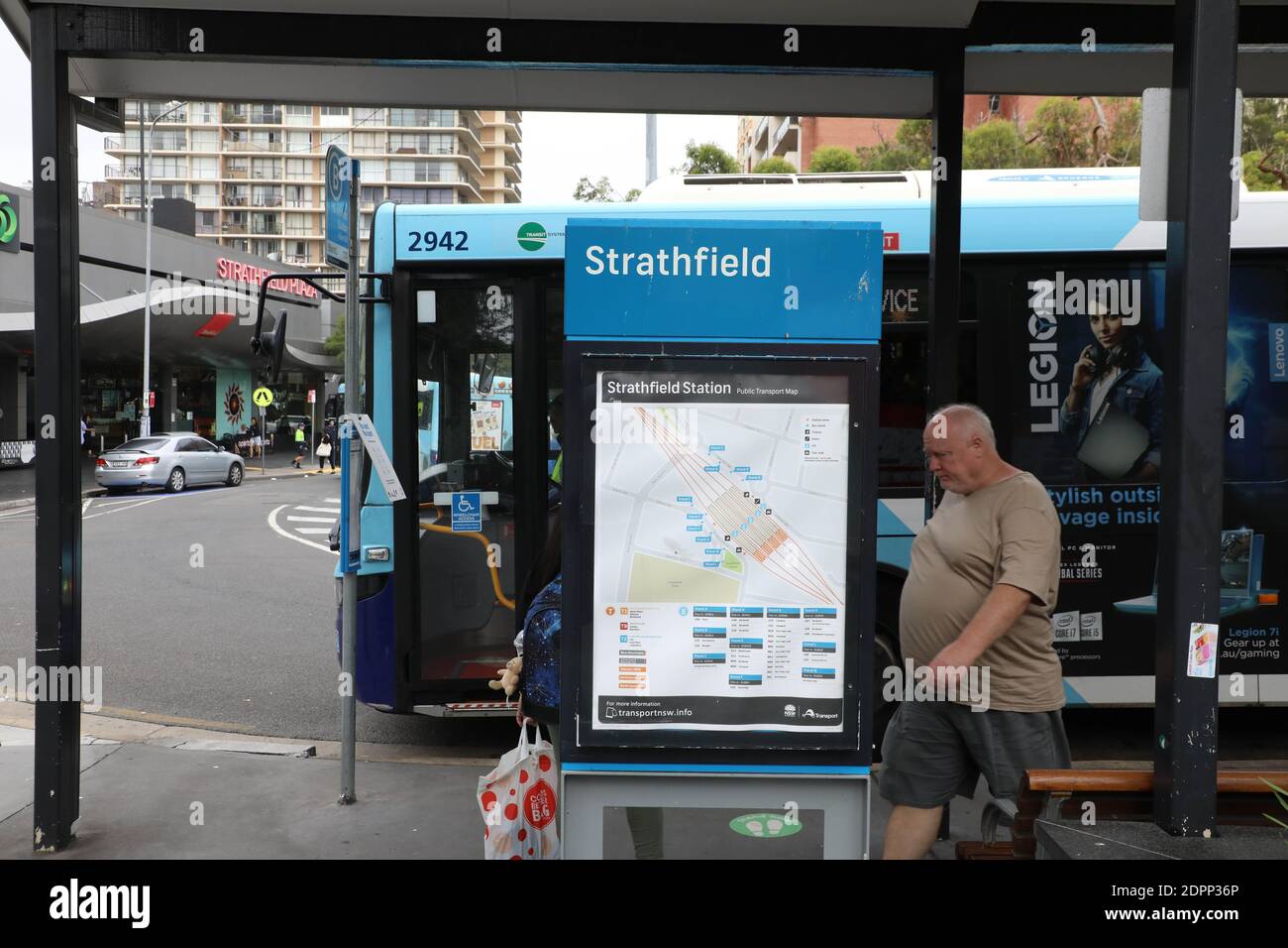 Bus stop at Strathfield Square next to Strathfield station, Sydney, NSW ...