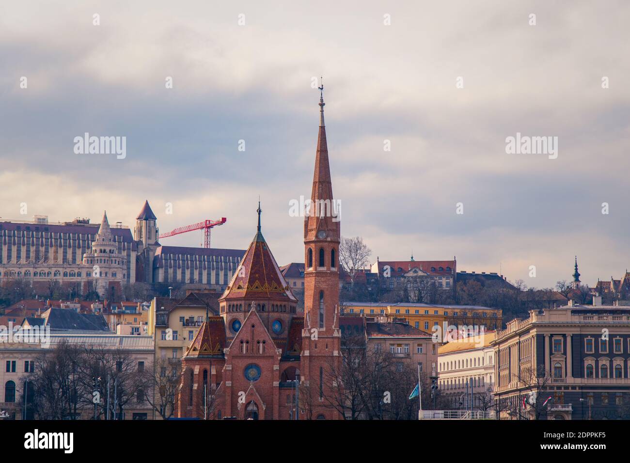 A closeup of the tower near the Hungarian Parliament Building along the ...