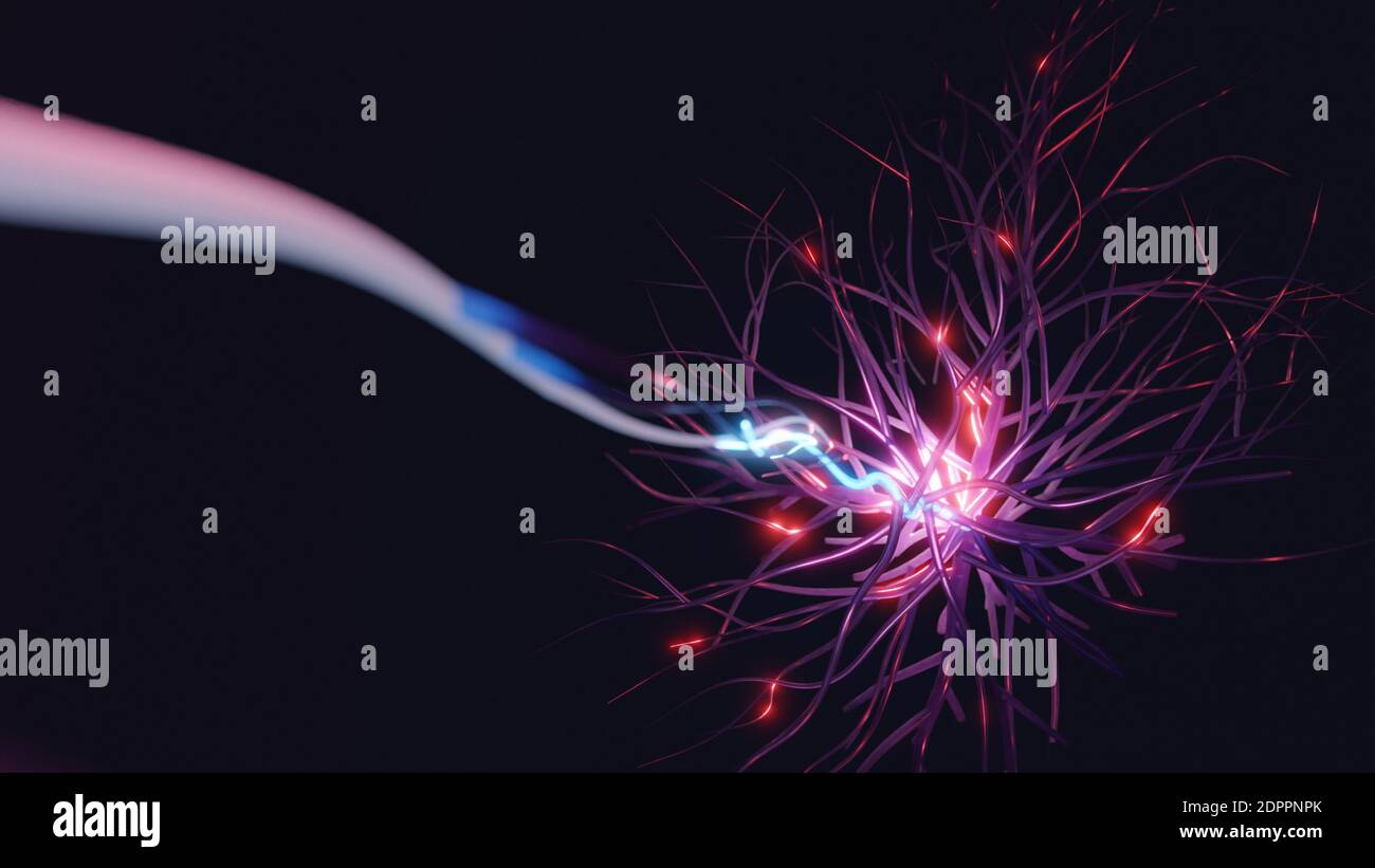 Neuroscience, medical concept digital render. Brain cell sending ...