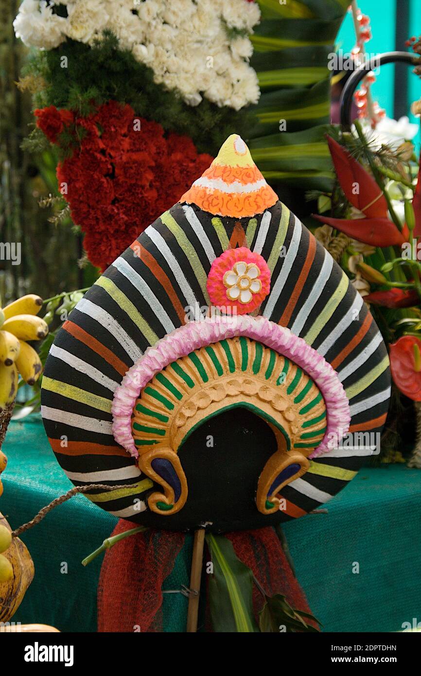 View of colourful and beautifully decorated head mask of Yakshagana ...