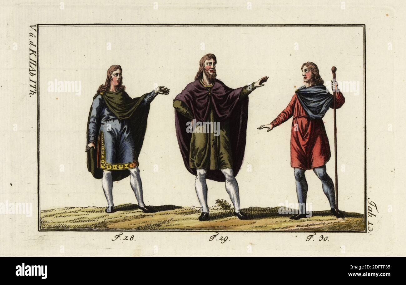 Anglo Saxon men wearing mantles over tunic and stockings. Various ways ...