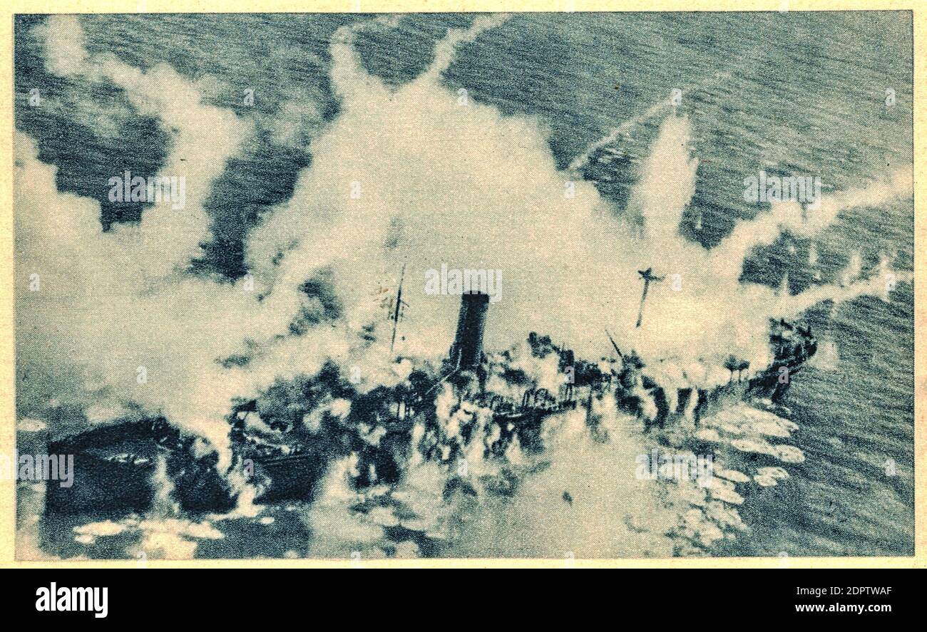 German coastal war ship after Allied bombardment. War ship in fire Stock Photo - Alamy