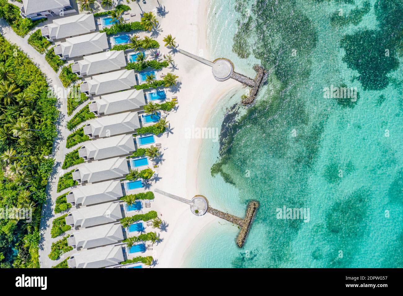 Tropical landscape with palm trees, parasols, white sand, blue water ...