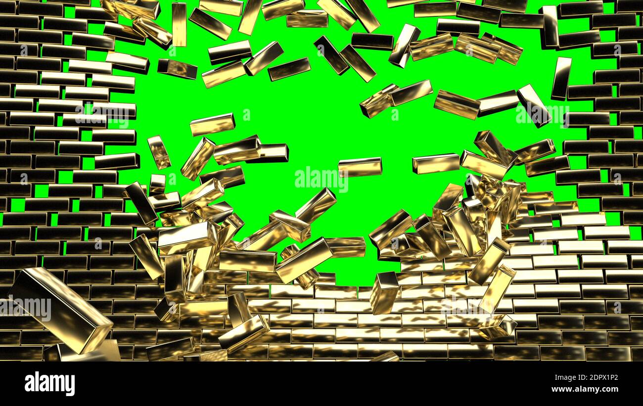 Gold wall explosion in realistic style on green screen gold brick 3d ...