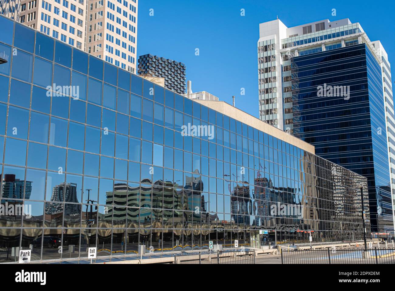 Downtown Calgary skyline reflected in office tower glass wall Stock ...