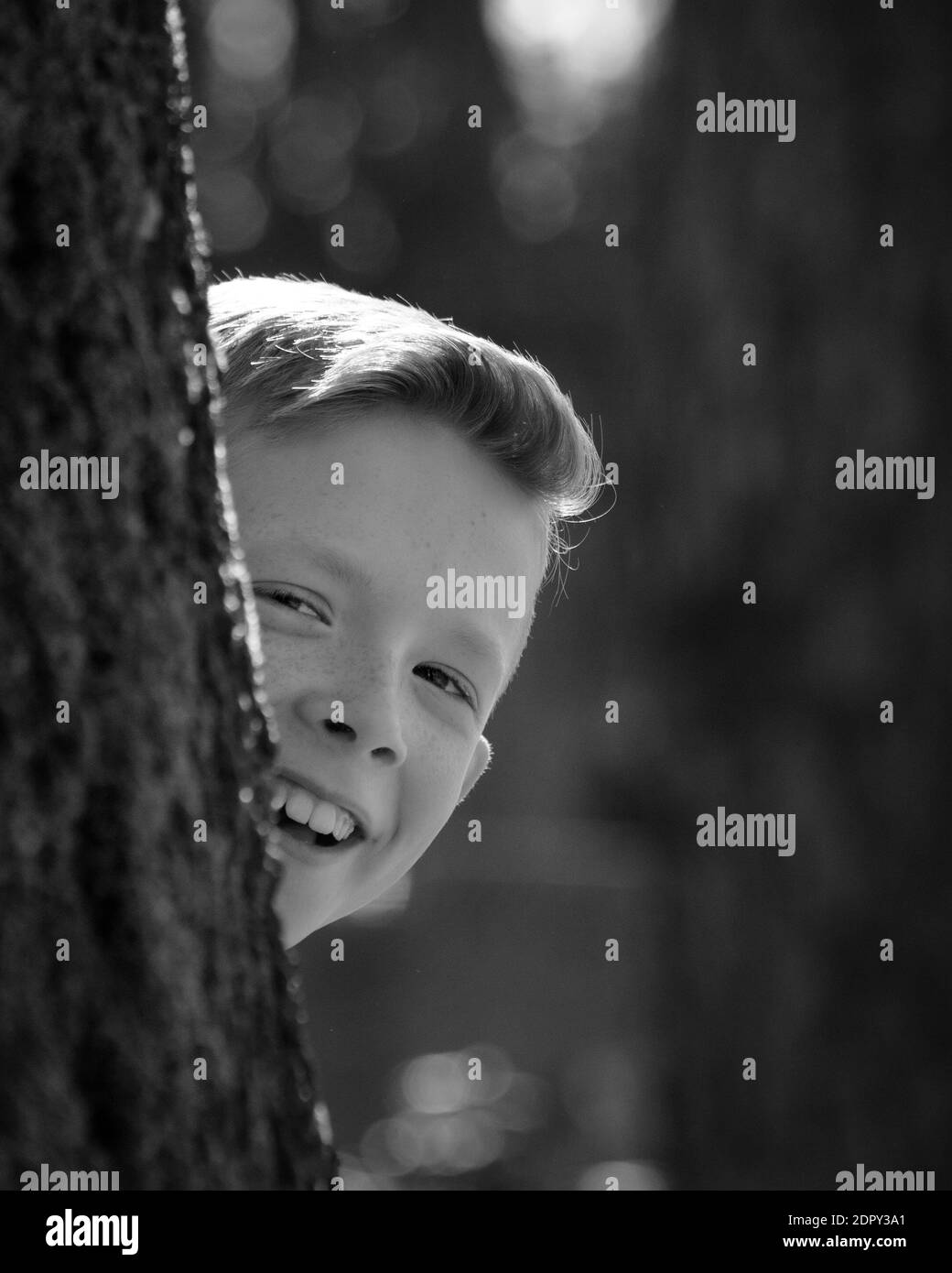Boy behind tree Black and White Stock Photos & Images - Alamy