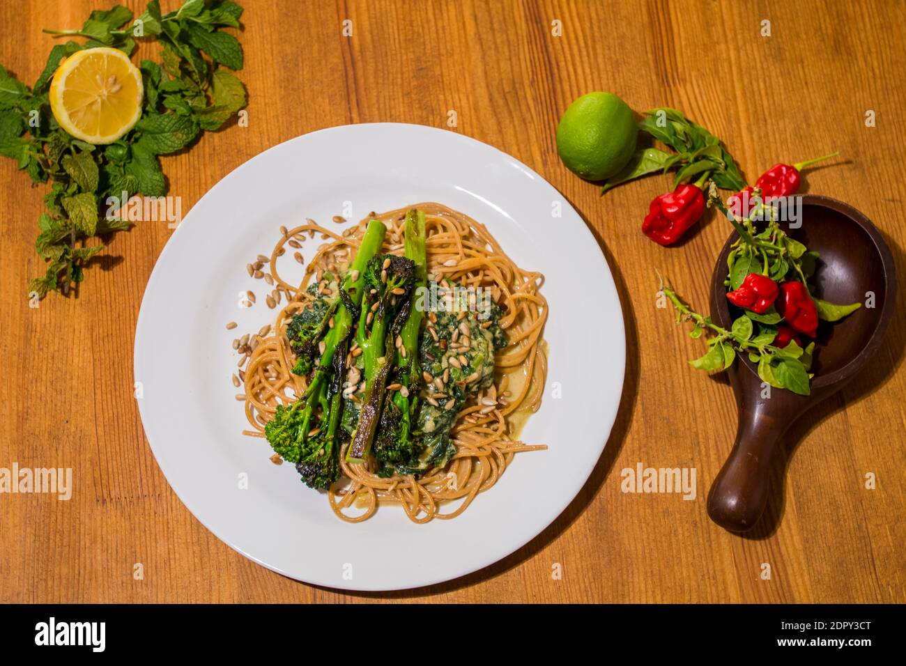 Typical italian plate, pasta spaghetti with Grilled vegetables on a ...