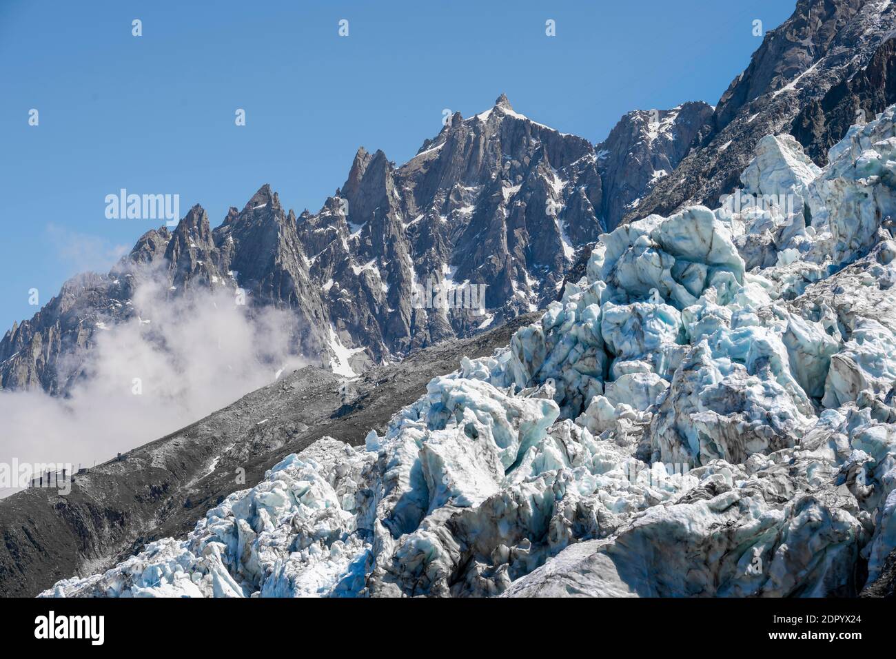 High alpine mountain landscape, glacier tongue, Glacier des Bossons ...
