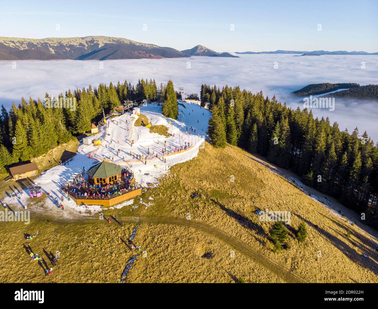 Aerial panorama of Bukovel Ski Resort mountain Dovha, Particularly ...