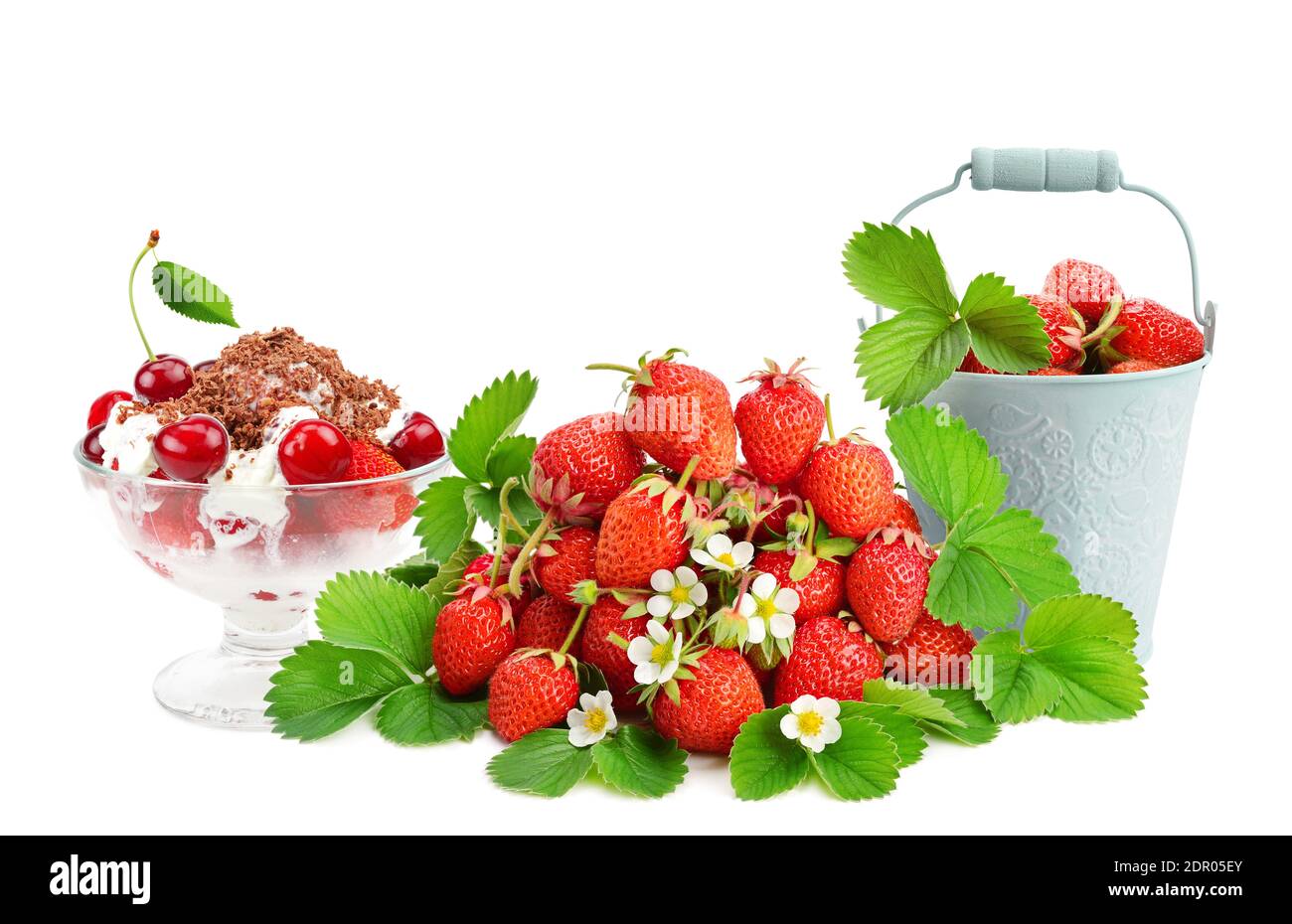 Cherry in bucket and ice cream with chocolate isolated on white ...