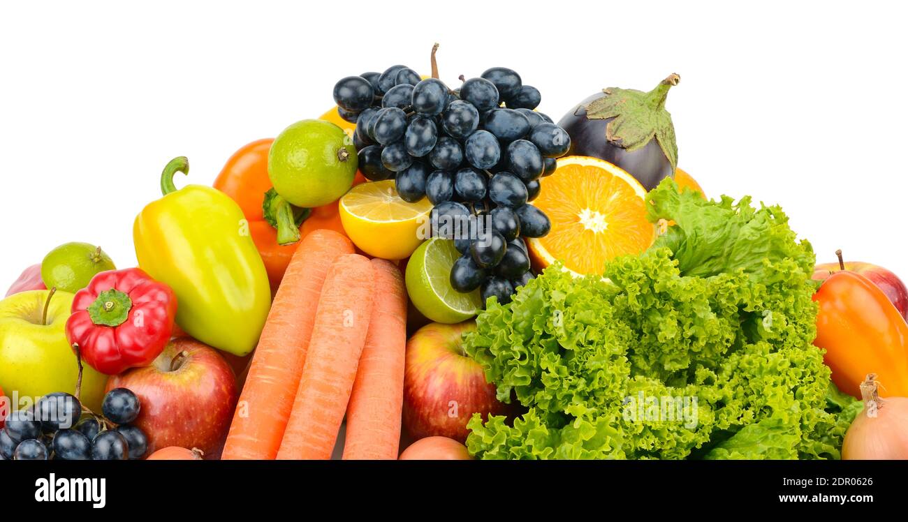 Heap fresh fruits and vegetables isolated on white background Stock ...
