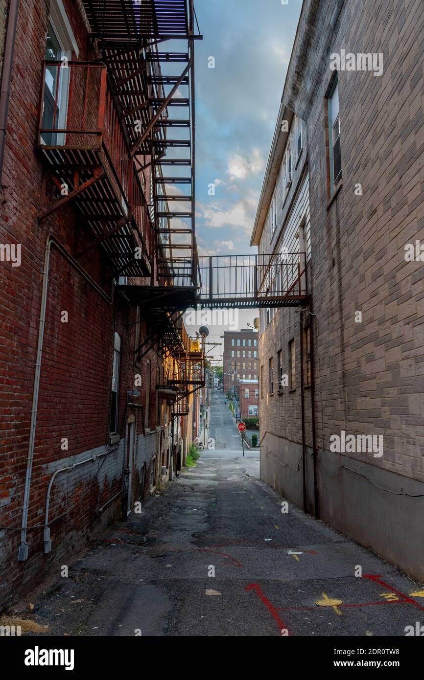A vertical shot of an alleyway in the city with fire escapes on the ...