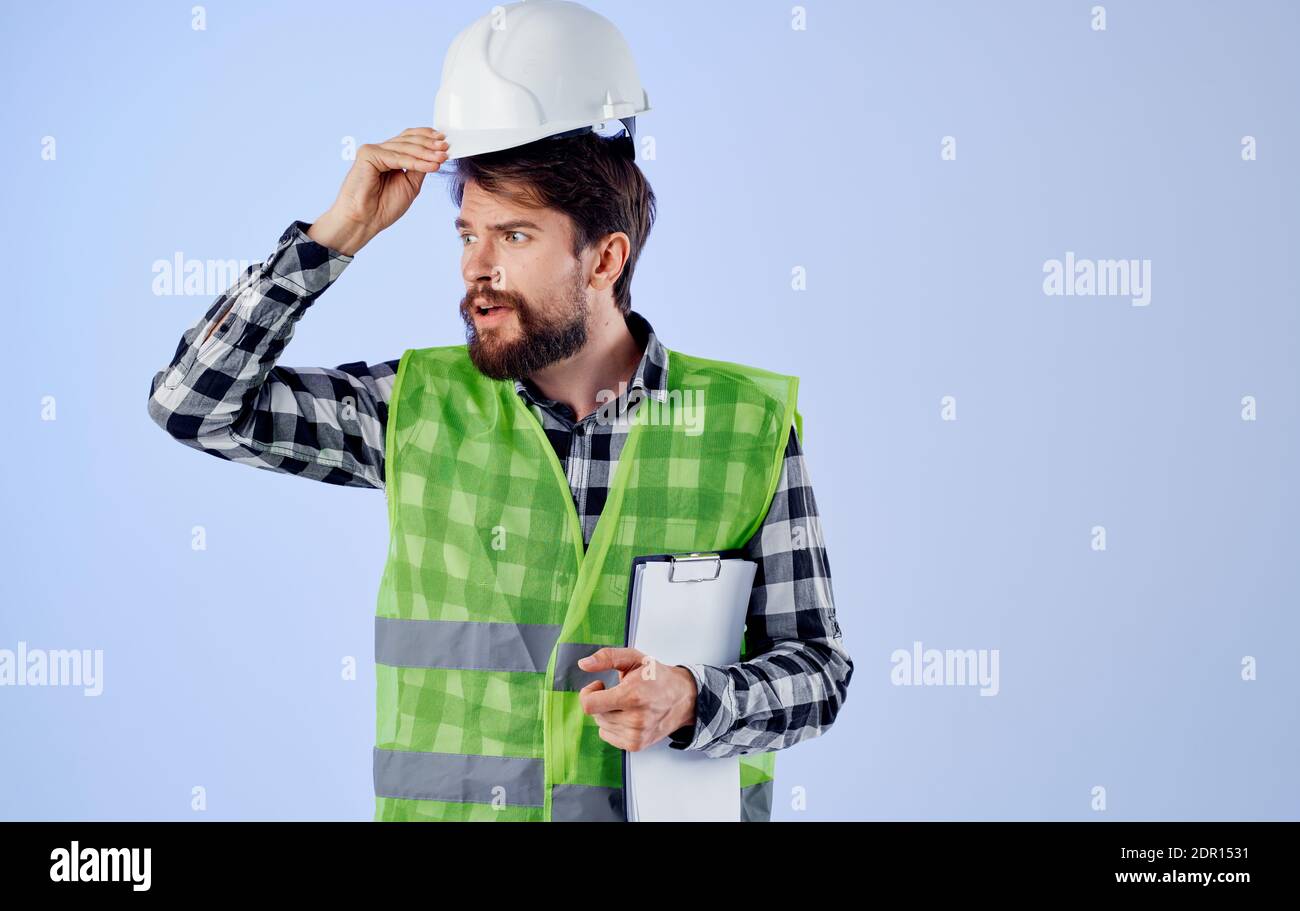 Man in working uniform white hard hat safety work Professional Stock ...