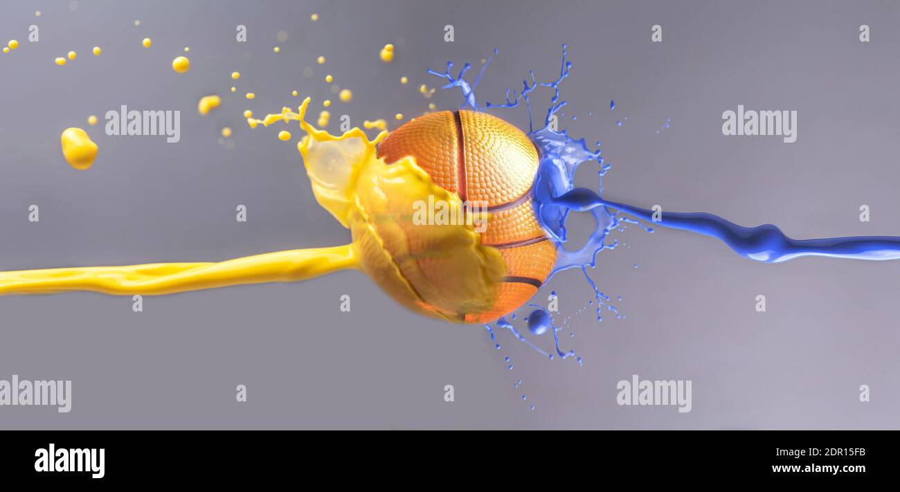 Basketball ball with yellow and blue paint splashes Stock Photo - Alamy