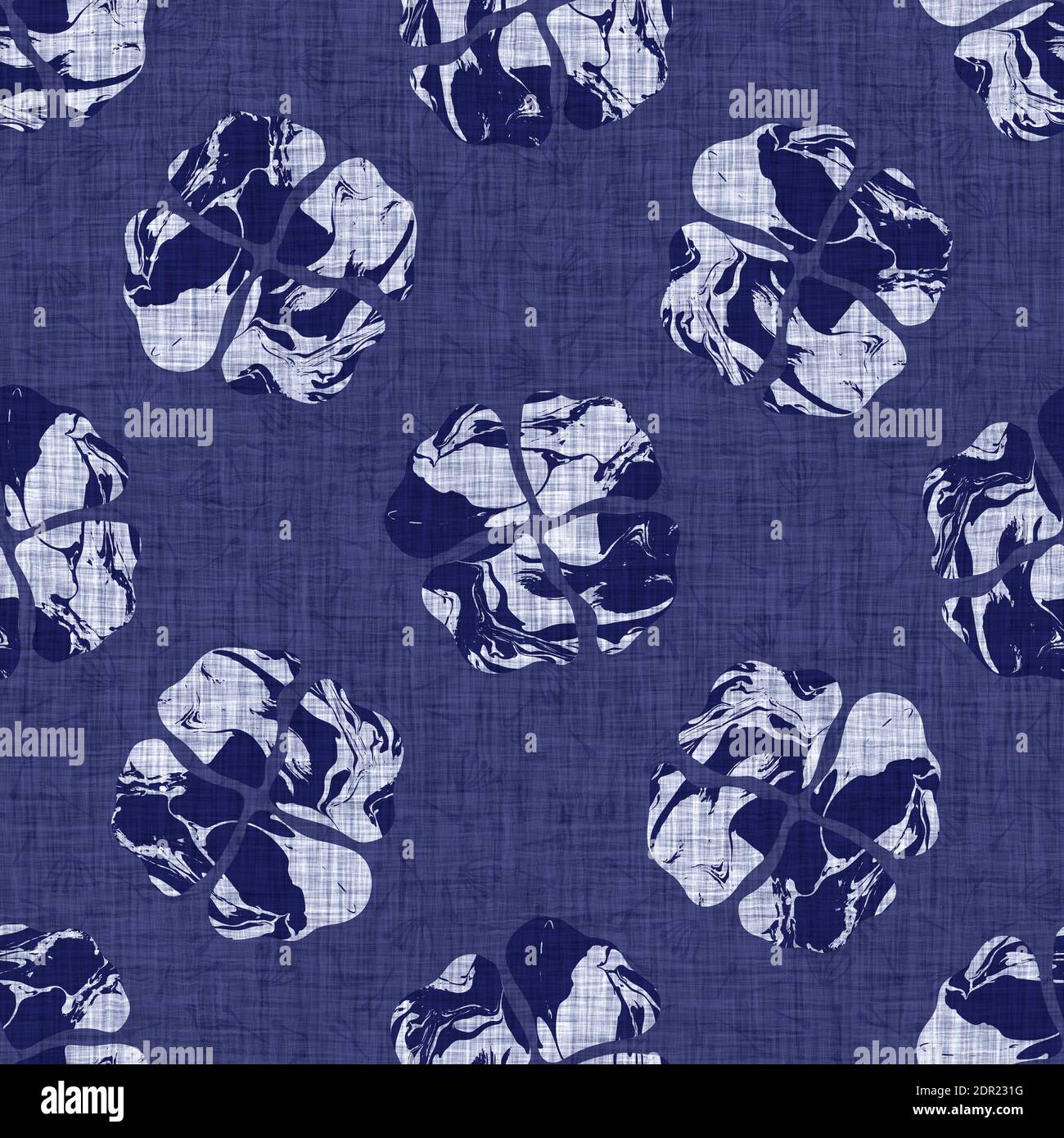 Indigo blue flower block print dyed linen texture background. Seamless ...