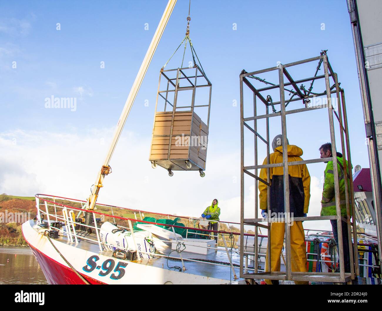 Fishermen unloading fishing trawler catch, Union Hall, West Cork ...