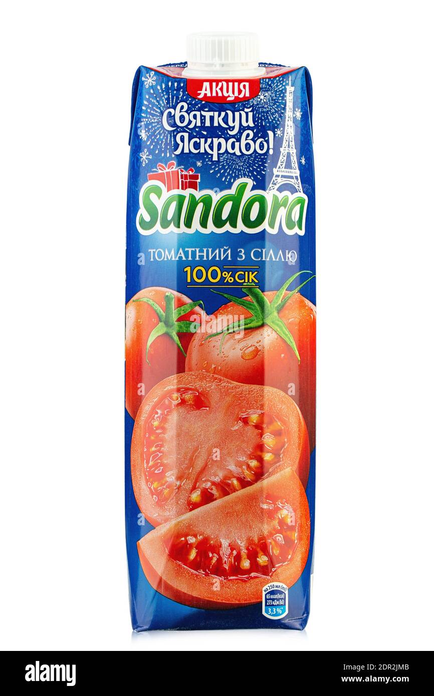 Ukraine, Kyiv - December 14. 2020: Sandora brand tomato juice packaging ...