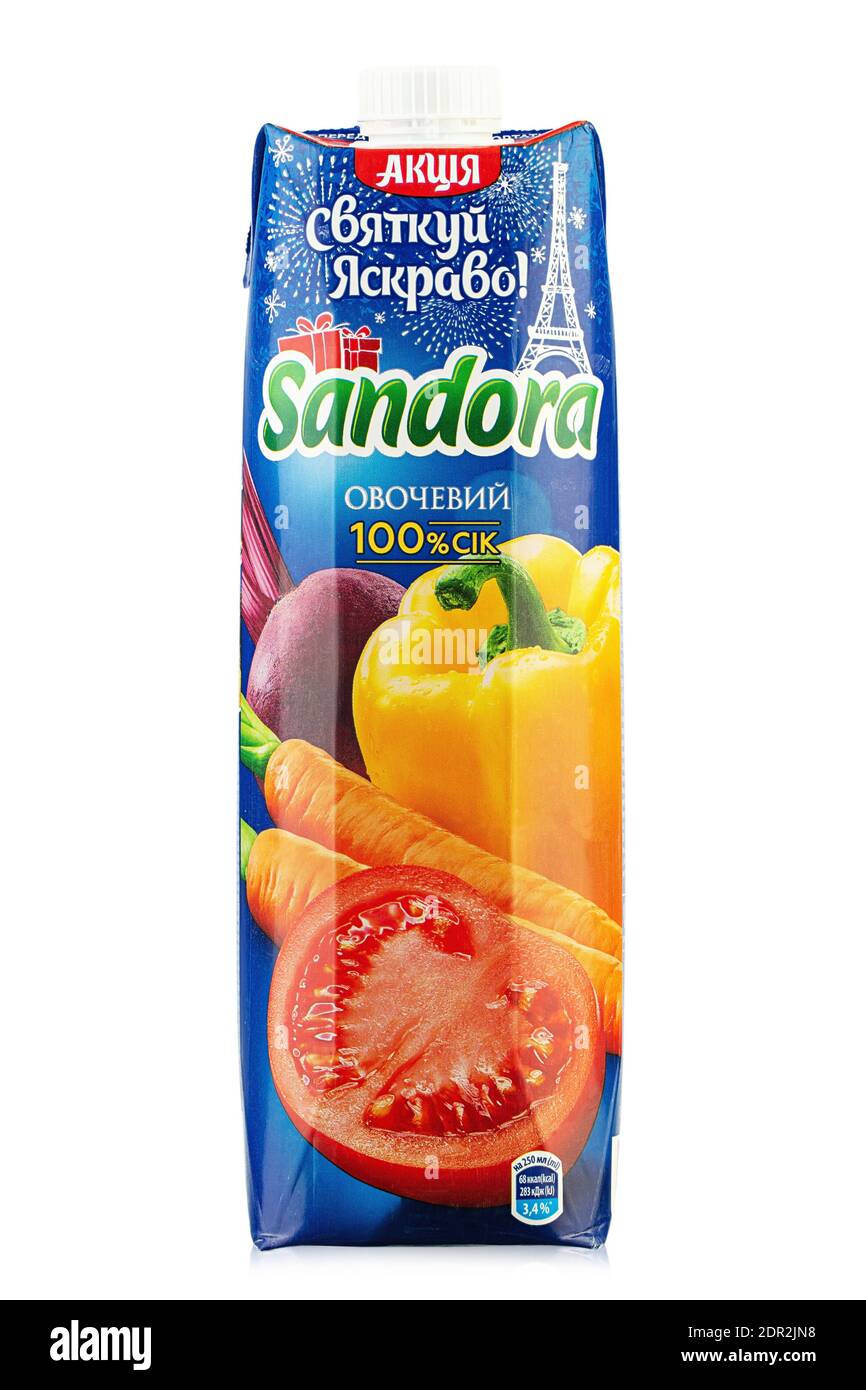 Ukraine, Kyiv - December 14. 2020: Sandora brand vegetable juice ...