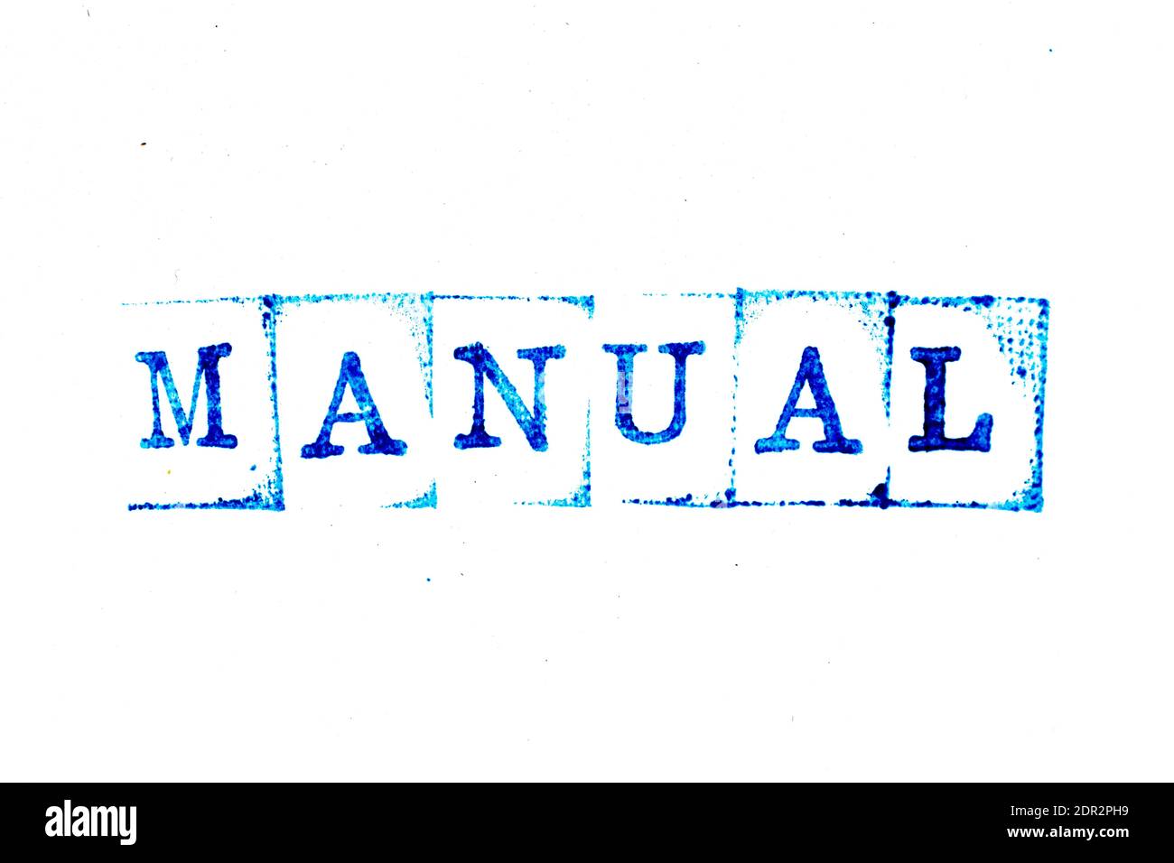 Blue color ink of rubber stamp in word manual on white paper background ...