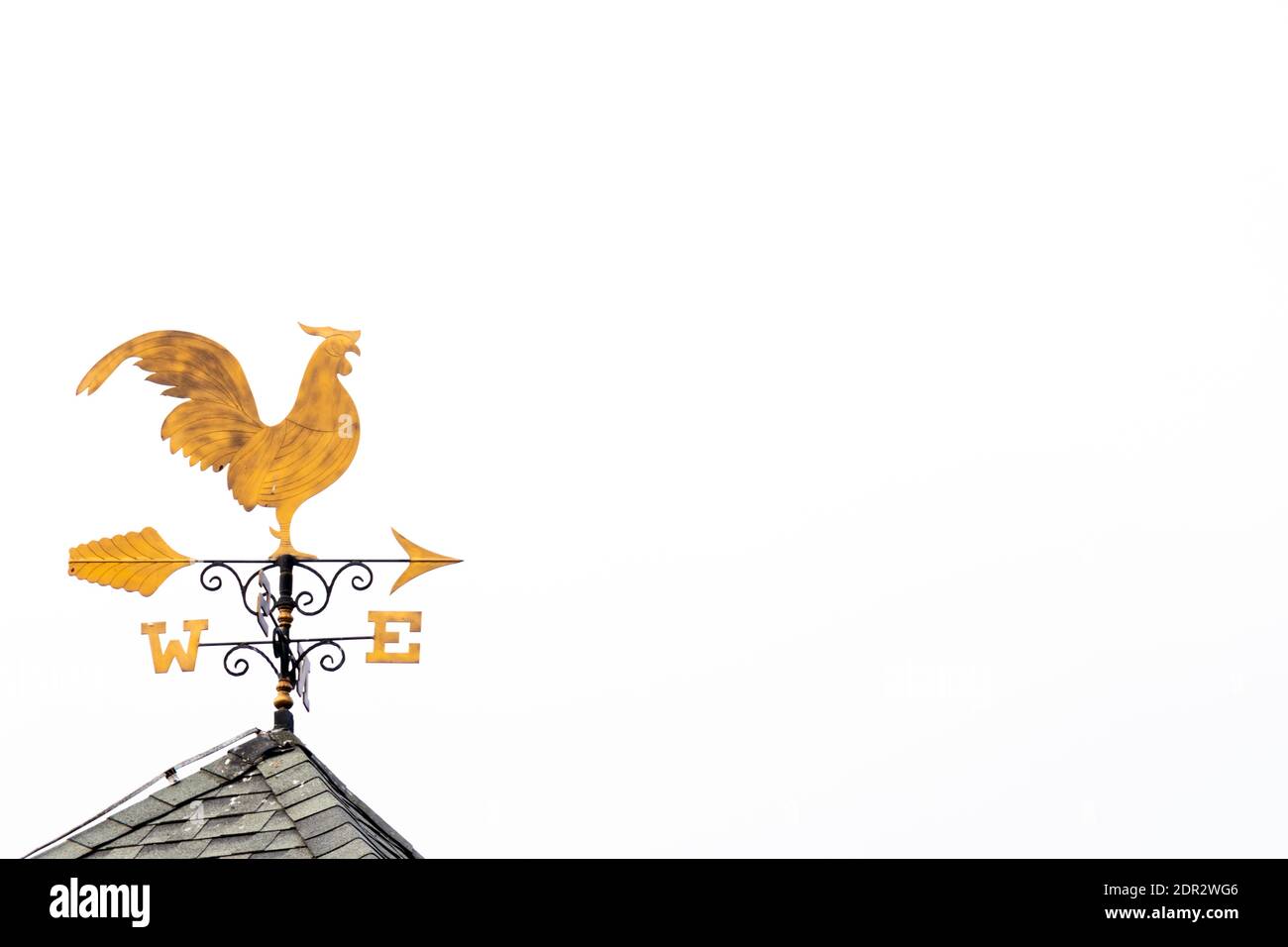 Gold rooster weather vane show the wind direction on white sky ...