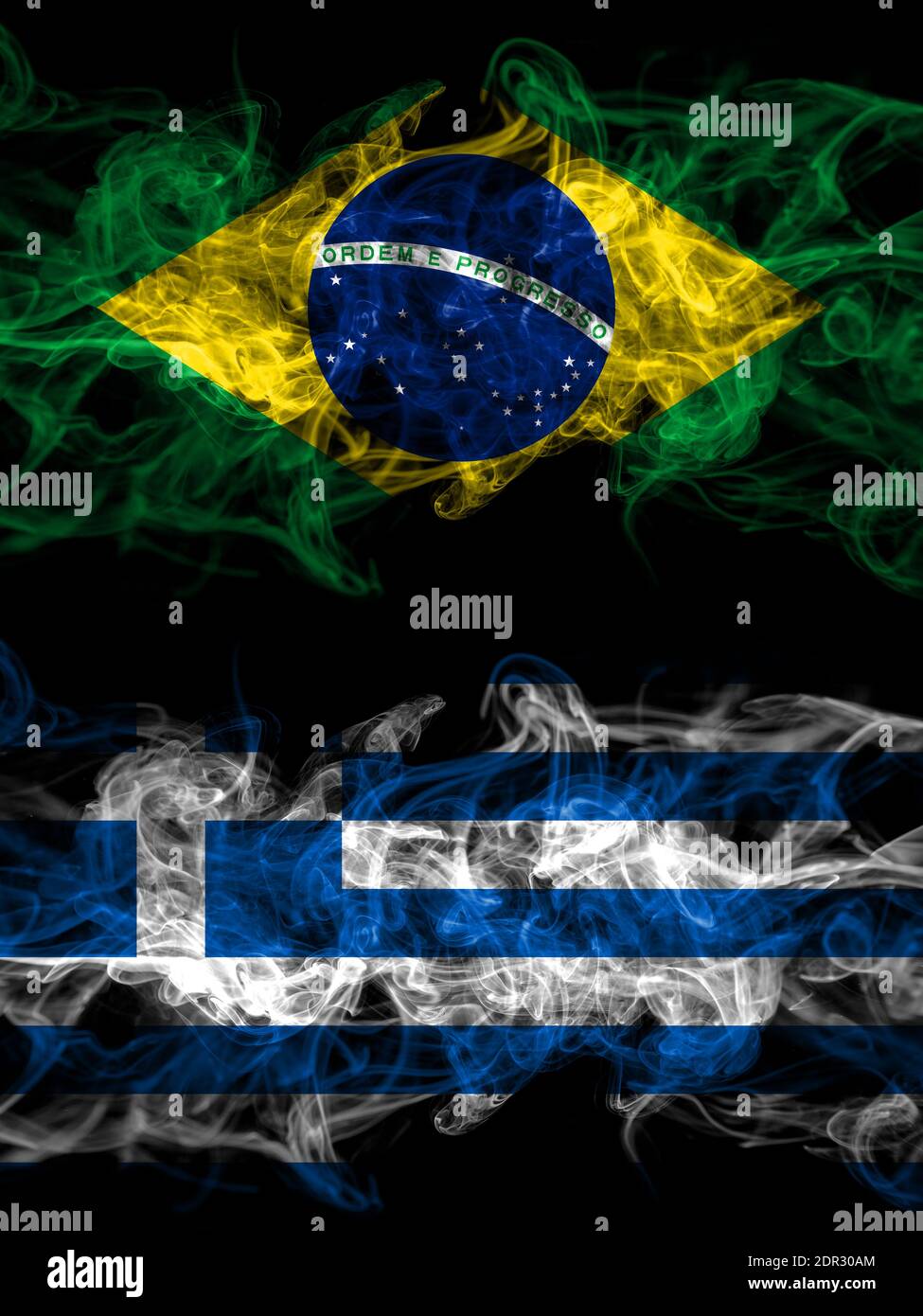 Brazil, Brazilian vs Greece, Greek smoky mystic flags placed side by ...