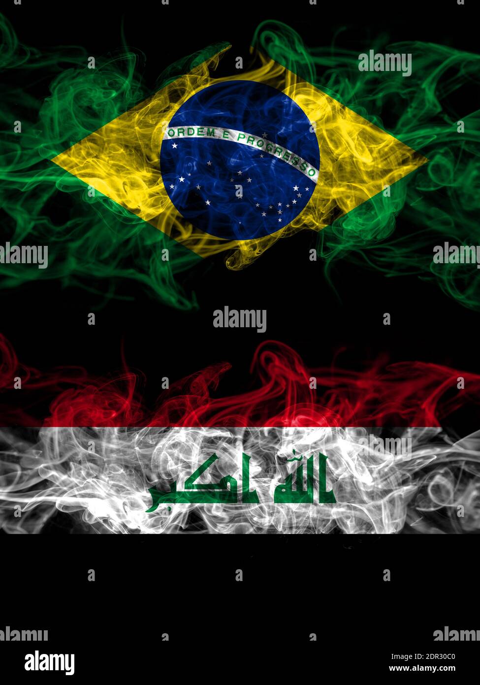 Brazil, Brazilian vs Iraq smoky mystic flags placed side by side. Thick ...