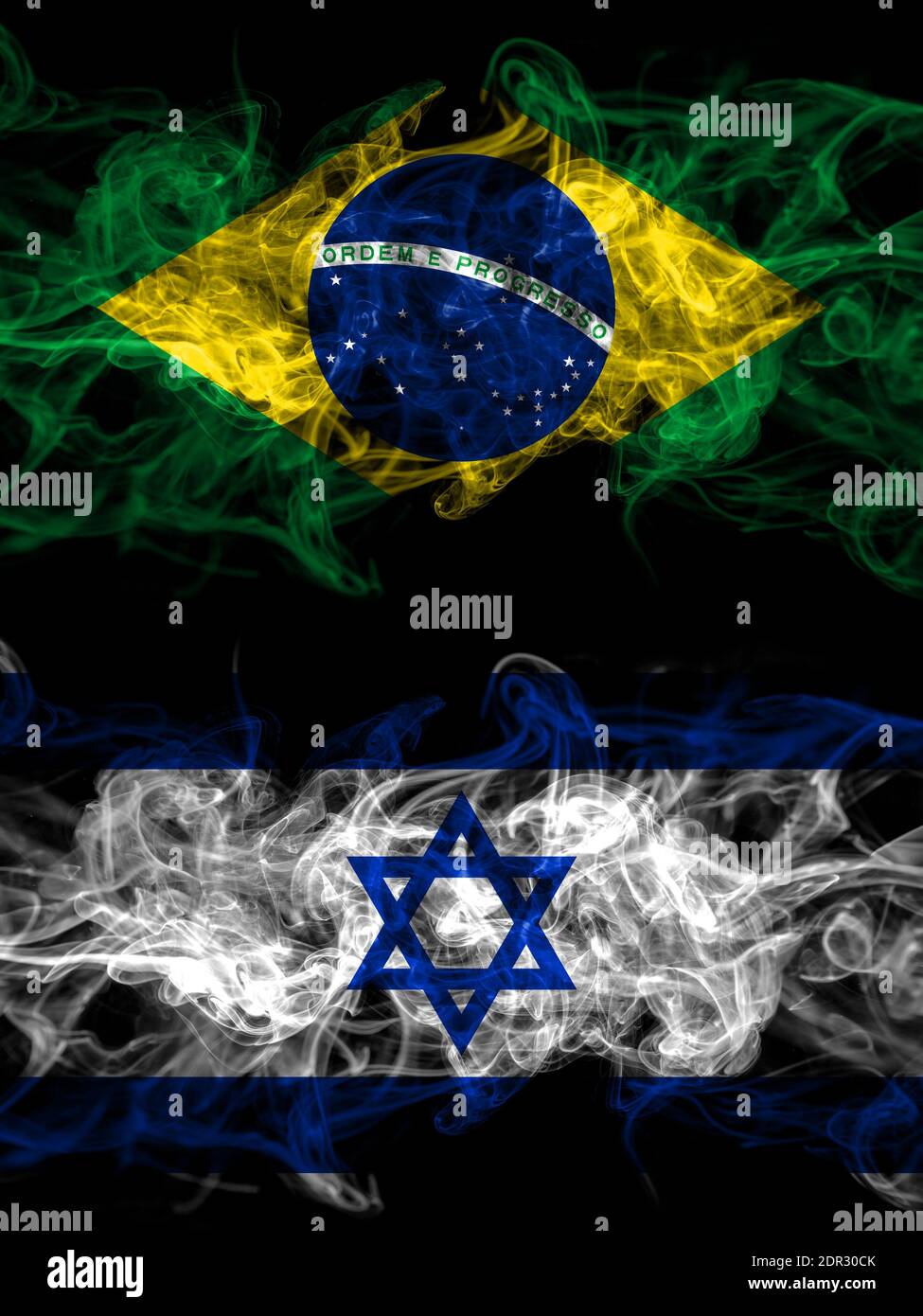 Brazil, Brazilian vs Israel, Israeli smoky mystic flags placed side by ...