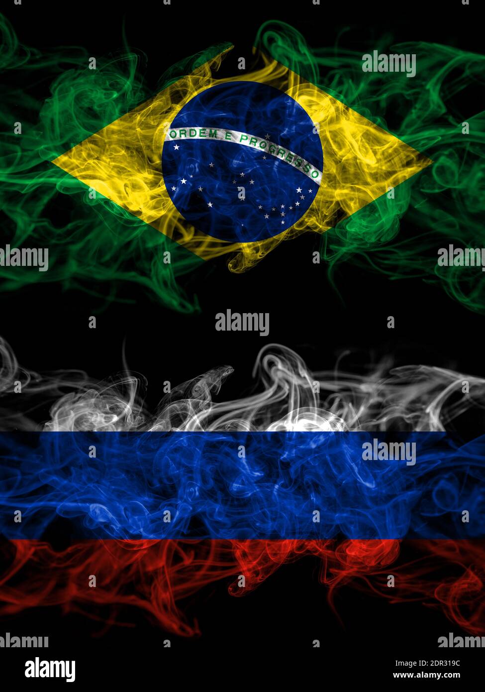 Brazil, Brazilian vs Russia, Russian smoky mystic flags placed side by ...