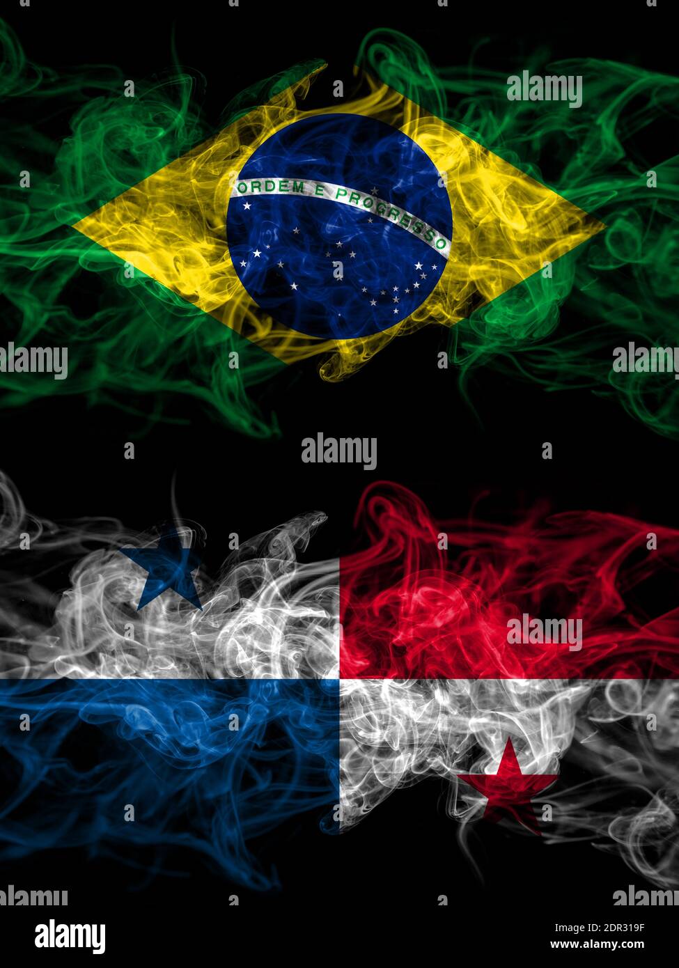 Brazil, Brazilian vs Panama, Panamanian smoky mystic flags placed side ...
