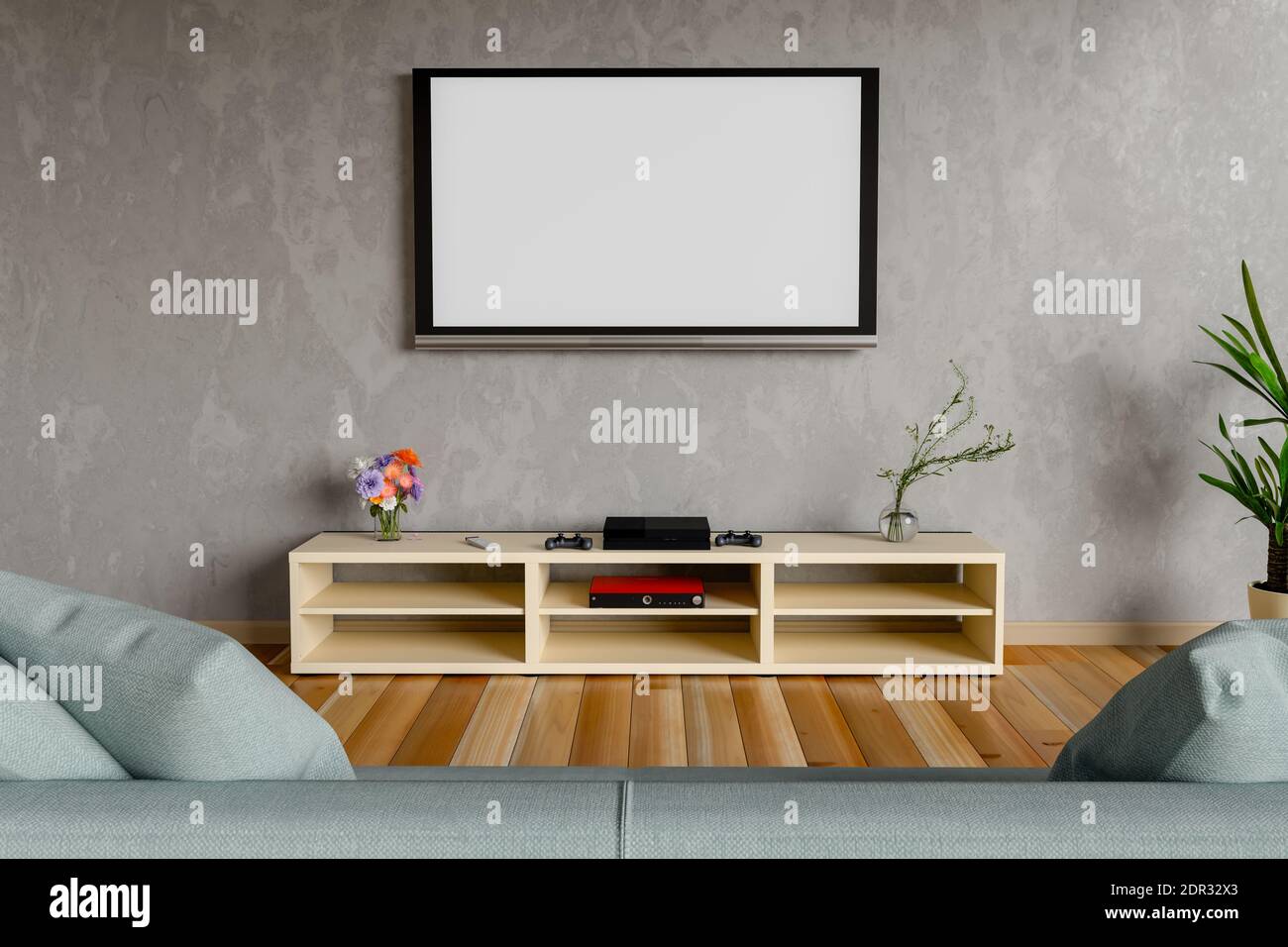 Blank Television Set Mounted On Wall At Home Stock Photo - Alamy