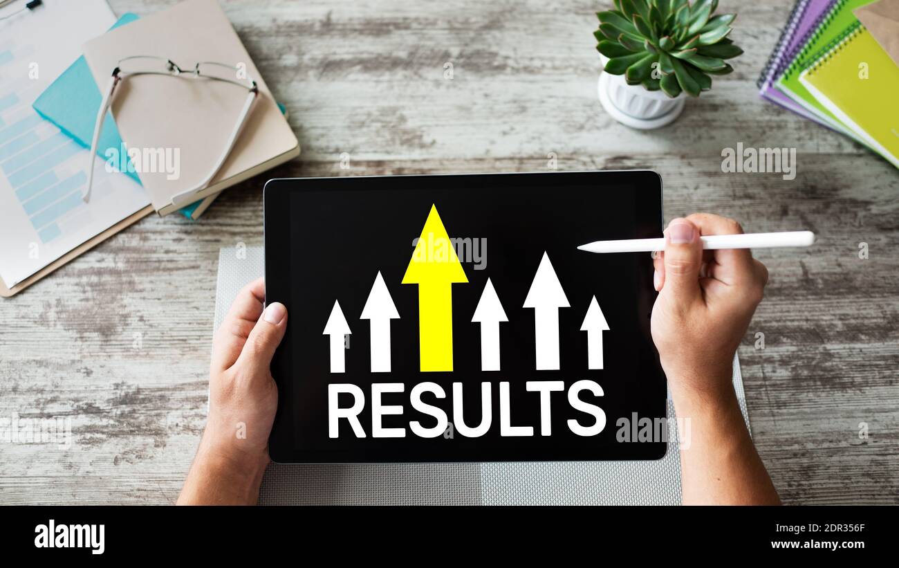 Results growth arrow on screen. Business and personal development ...