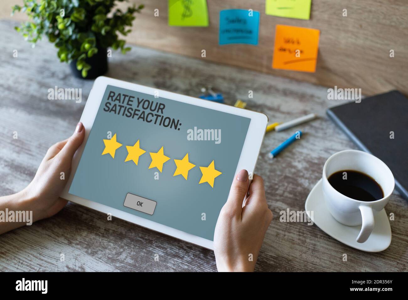 Rate your experience. Customer satisfaction review. Five star on device ...