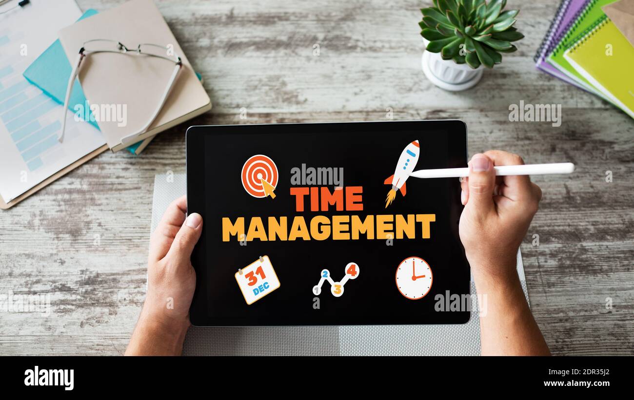 Time management text and icons on screen. Business and personal growth ...
