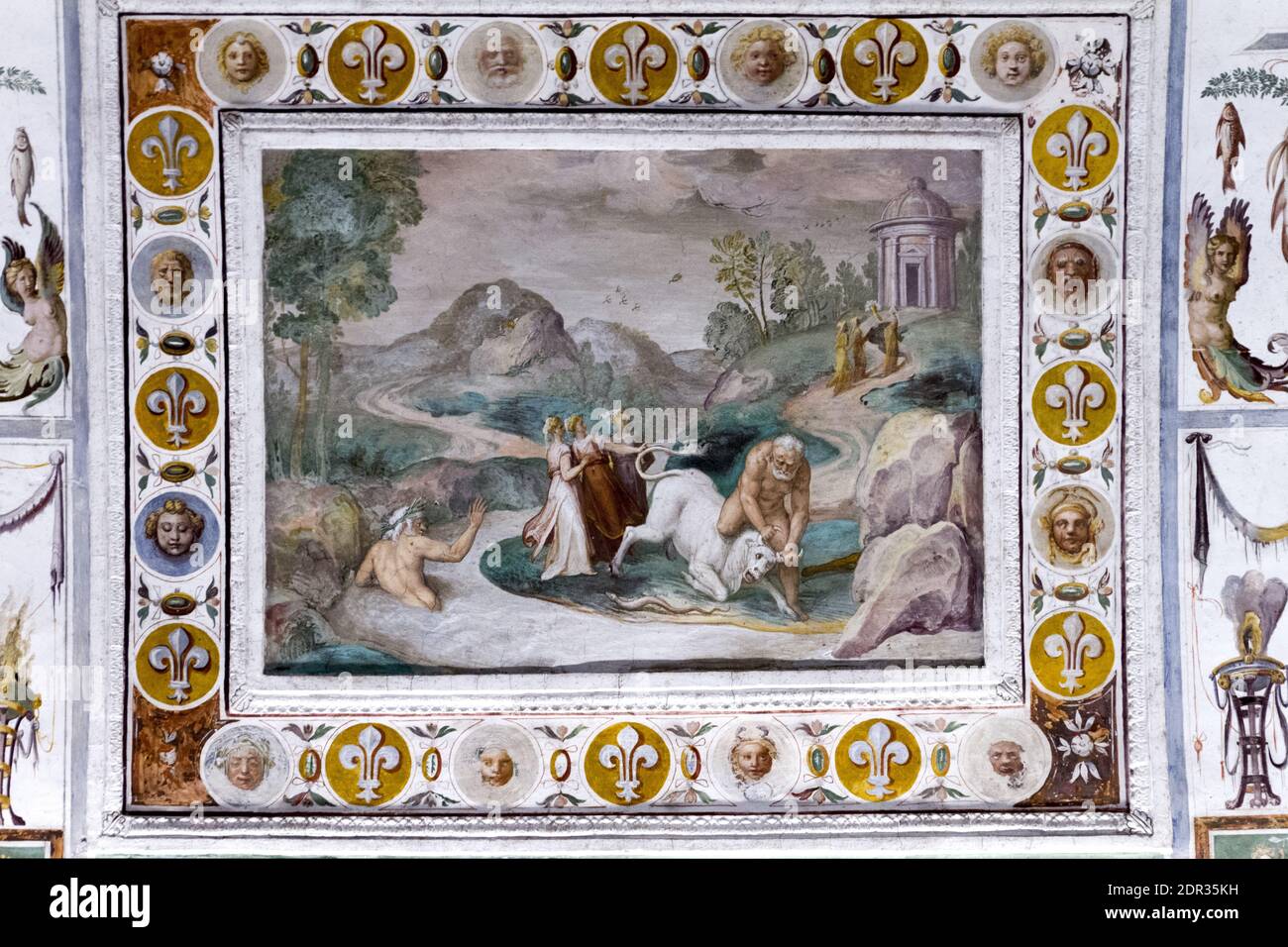 A closeup of the beautiful paintings of the Farnese Palace located in ...