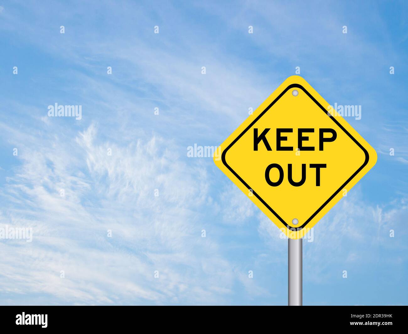 Yellow transportation sign with word keep out on blue sky background ...