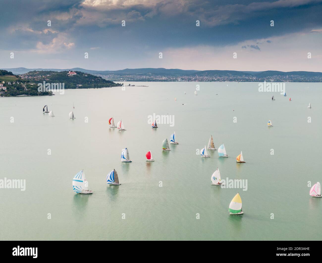 Aerial photo with sailing boats on Lake Balaton Stock Photo - Alamy