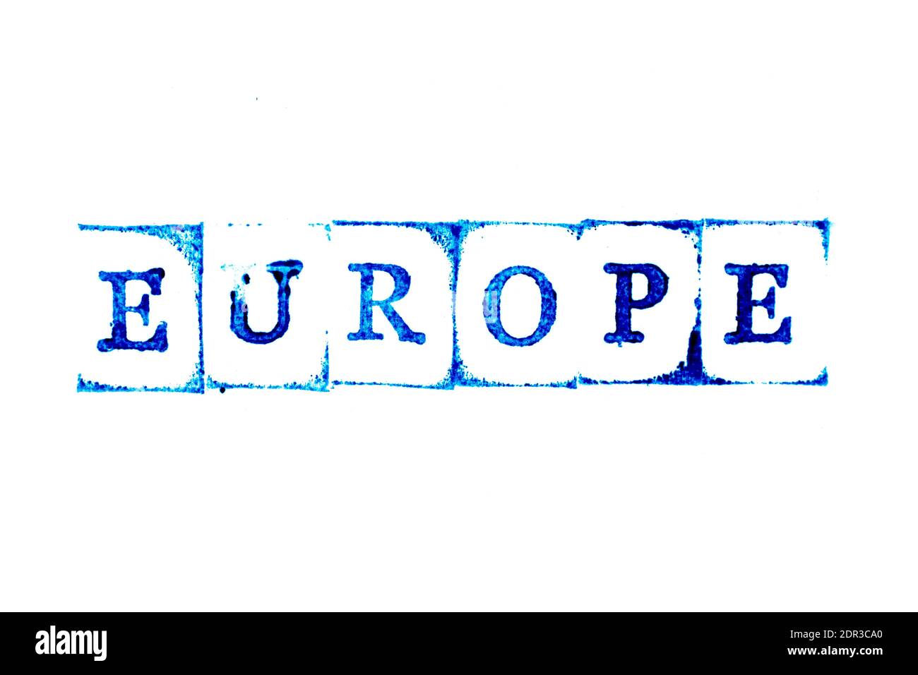 Blue color ink of rubber stamp in word europe on white paper background ...