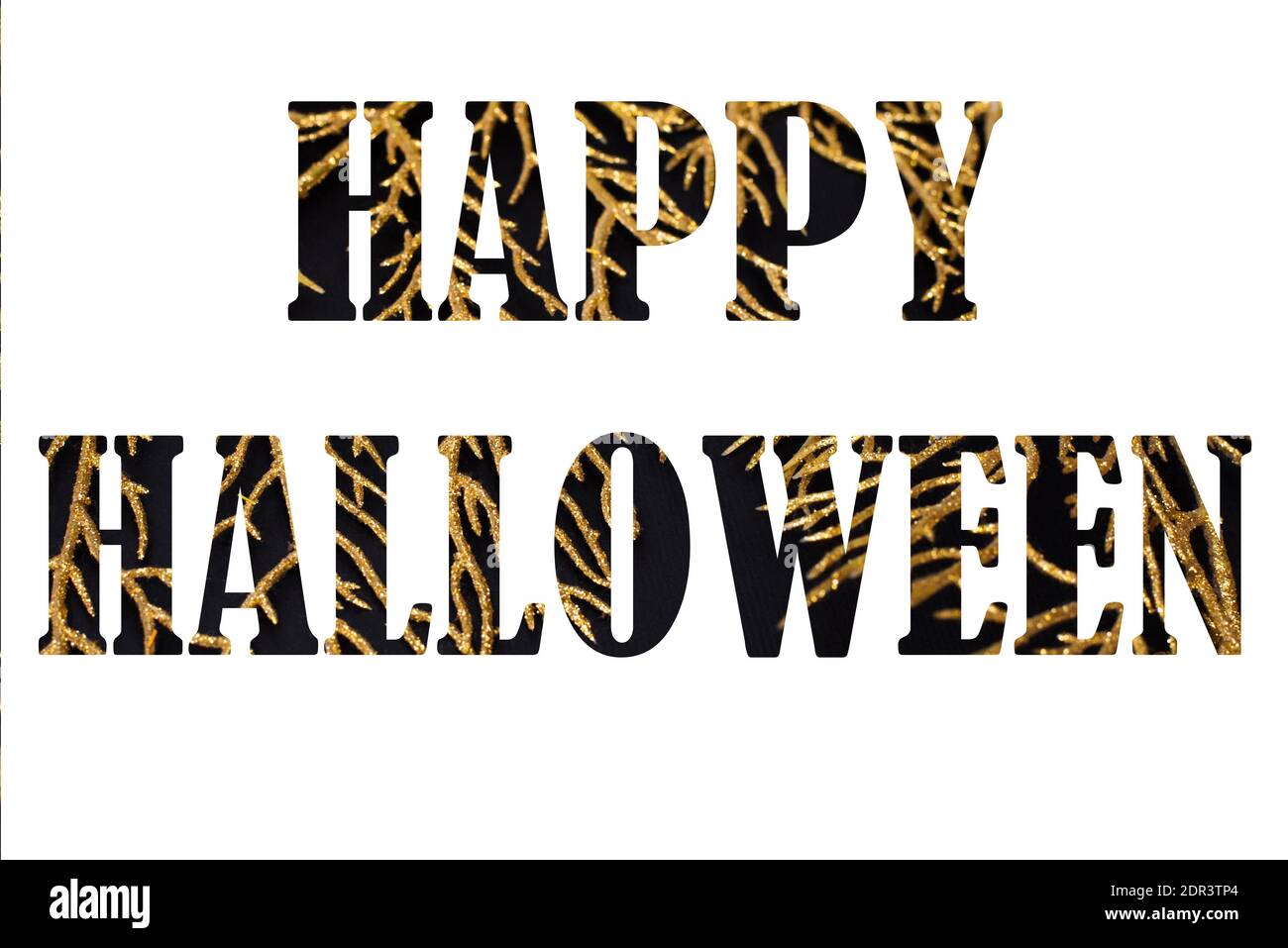 Words Happy Halloween written in black and golden on a white background ...