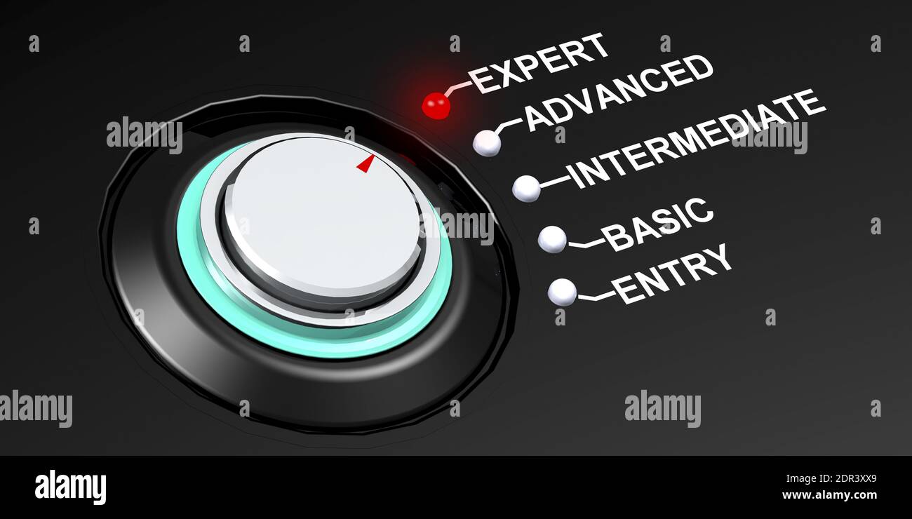 A 3D rendering illustration of knob positioned to the word expert Stock ...