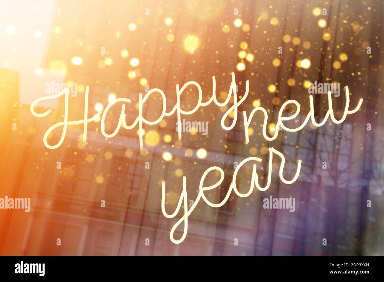 Handwritten words: Happy New Year festive inscription on the glass on ...