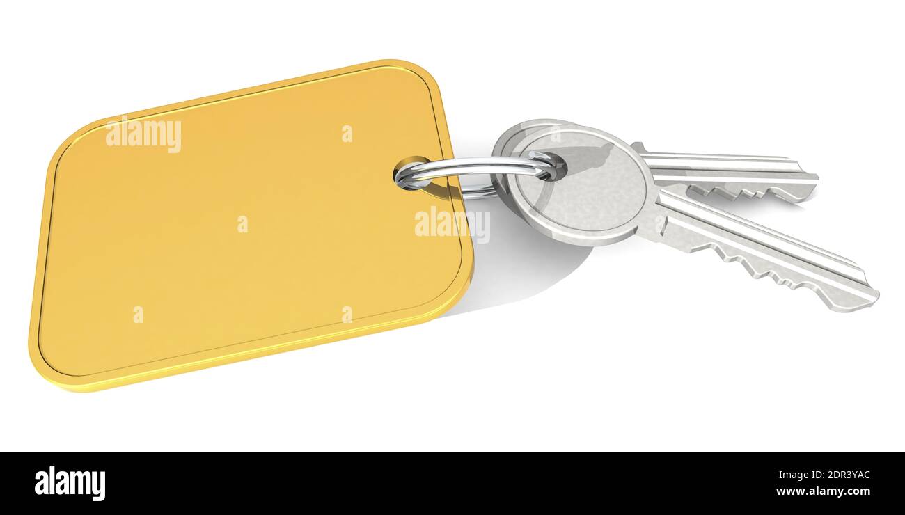 A 3D rendering illustration of steel key with golden blank label Stock ...