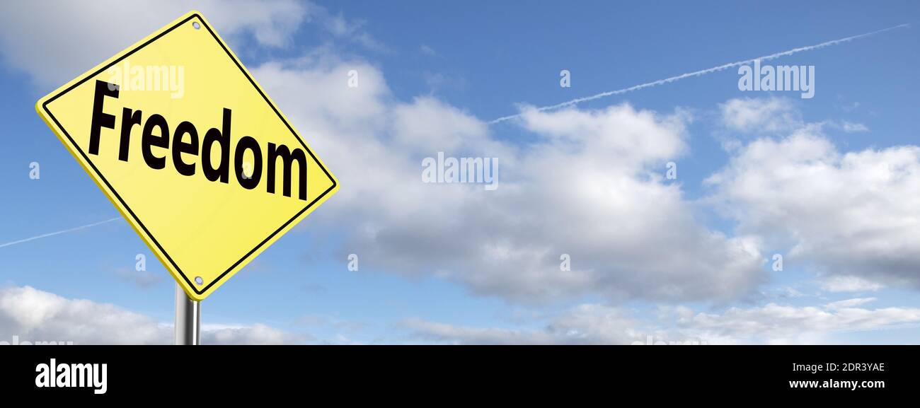 A 3D rendering illustration of blue sky and yellow road sign with text ...