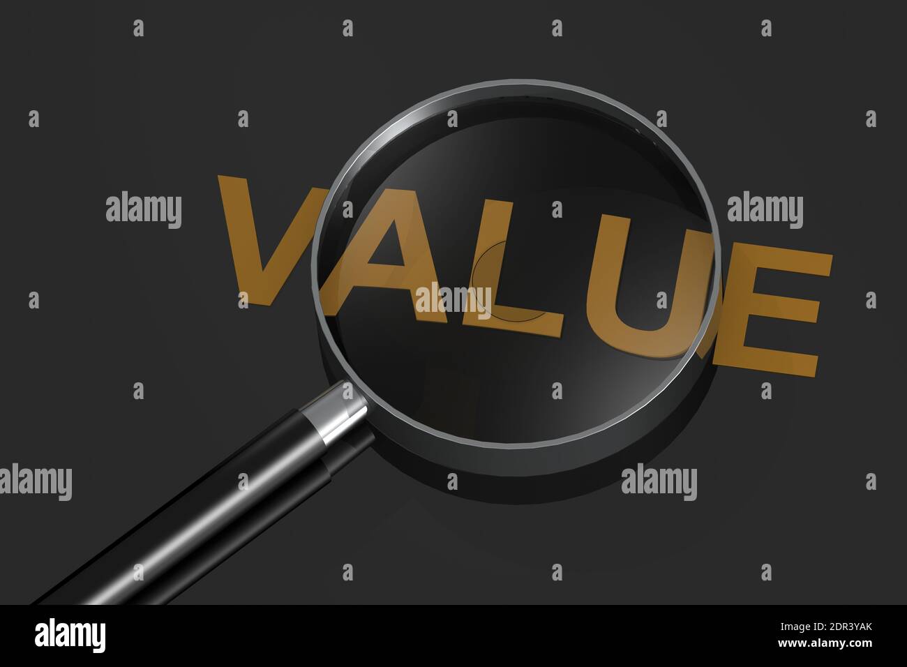 A 3D rendering illustration of value word under a magnifying glass ...